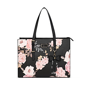 MOSISO Laptop Tote Bag Compatible with MacBook Air 15 inch M2 A2941/Pro 16 M3 M2 M1, 15-15.6 inch Notebook, Peony PU Leather Travel Work Briefcase with Detachable Bowknot & Small Purse, Black