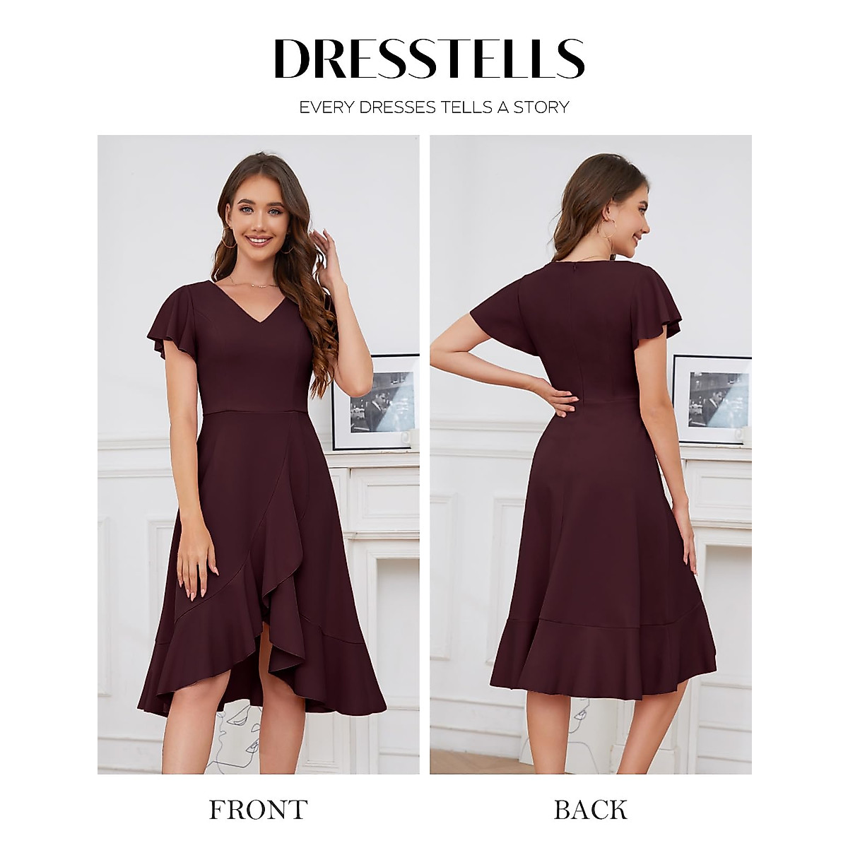 DRESSTELLS Women's Cocktail Tea Party Dresses for Wedding Guest, Red Fit Flare Modest Winter Elegant Dress for Evening Burgundy XL