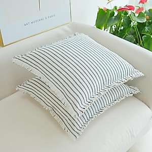 JOJUSIS Pack of 2 Striped Throw Pillow Covers with Fringe for Sofa Couch Bedroom Farmhouse Pillowcase 18 x 18 Inch Black