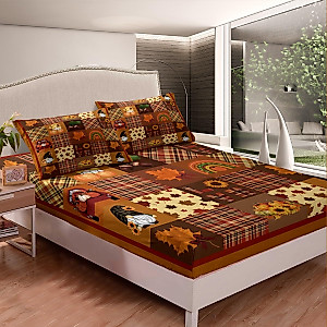 Fall Season Sheet Set Full Size for Boys Girls Autumn Harvest Decoration Bed Sheets Set, Thanksgiving Day Gifts for Kids Teens Women Geometry Plaid Print Flat Sheet Maple Leaves Rainbow Decor Bedding