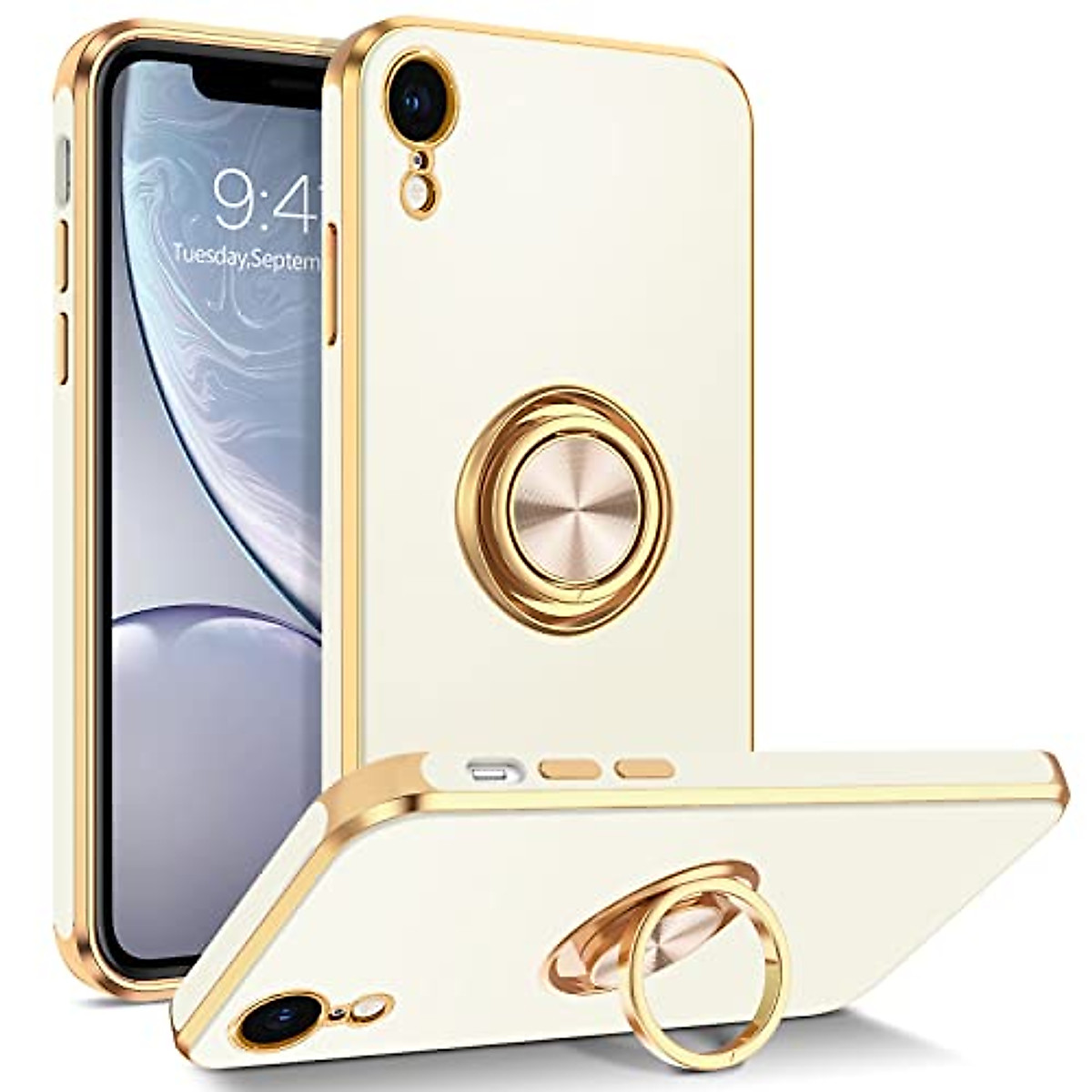 BENTOBEN for iPhone XR Case, Phone Case iPhone XR, Slim Fit Kickstand Ring Holder Design Shockproof Protection Soft TPU Bumper Drop Protective Girls Women Boys iPhone XR 6.1" Cover, White/Gold