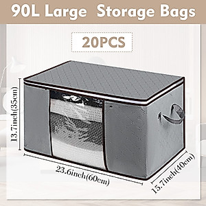 Windyun 20 Pcs 90L Large Storage Containers with Zipper Closet Storage Bags with Handle Thick Fabric Foldable Storage Bins Clear Window Clothes Organizer for Blanket Bed Sheets Pillows Toys (Gray)