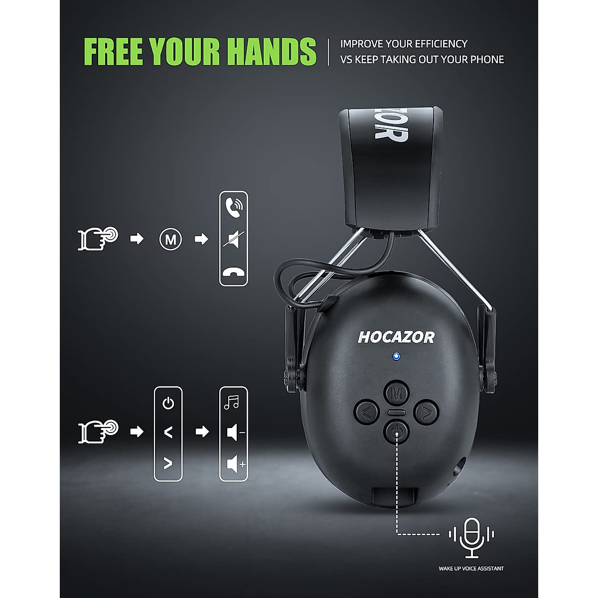 Hocazor HZ07 Upgrade Bluetooth 5.3 Hearing Protection Built-in 1500 mAh Rechargeable Battery 40 Hours+ Playing Time Noise Cancelling 25dB NRR Earmuffs NRR 25dB for Mowing Workshops, Green