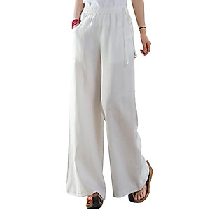 Les umes Women's Casual Wide Leg Linen Pants High Waist Drawsting Loose Palazzo Pants Beach Trousers White XL