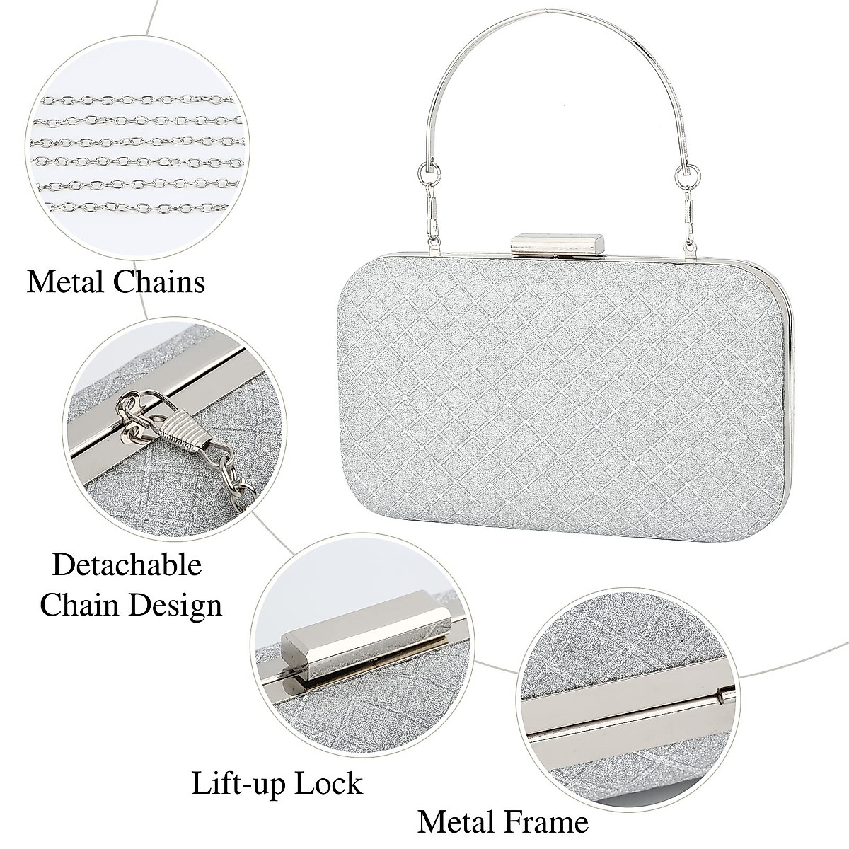 Tanpell Women's Evening Bag Glittering Clutch Handbag Wedding Party Bridal Purse with Detachable Chain (Silver)