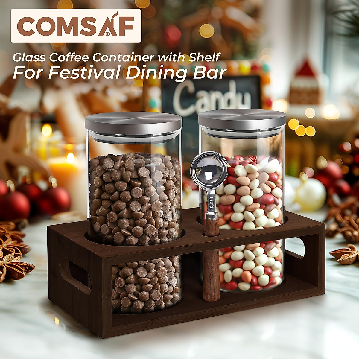 ComSaf Coffee Container for Ground Coffee, 44 OZ Coffee Canister with Stainless Lids, 2 PCS Glass Coffee Storage Container with Shelf, Coffee Bean Storage Jars with Metal Scoop Coffee Bar Accessories