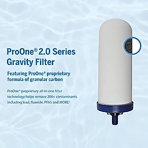 ProOne Traveler+ Stainless-Steel Gravity Water-Filter System, 2.25-Gallon Water Capacity, Countertop Water Dispenser for Home and Travel with Two 7-Inch Filter and Wire Stand