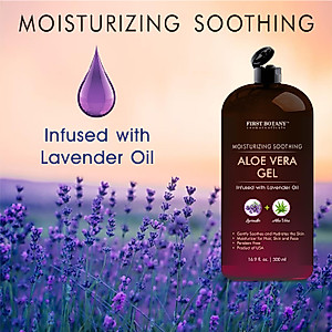 First Botany, Pure Aloe vera gel - with 100% Fresh & Pure Aloe Infused with Lavender Oil - Natural Raw Moisturizer for Face, Skin, Body, Hair. Perfect for Sunburn, Acne, Razor Bumps 16.9 fl oz
