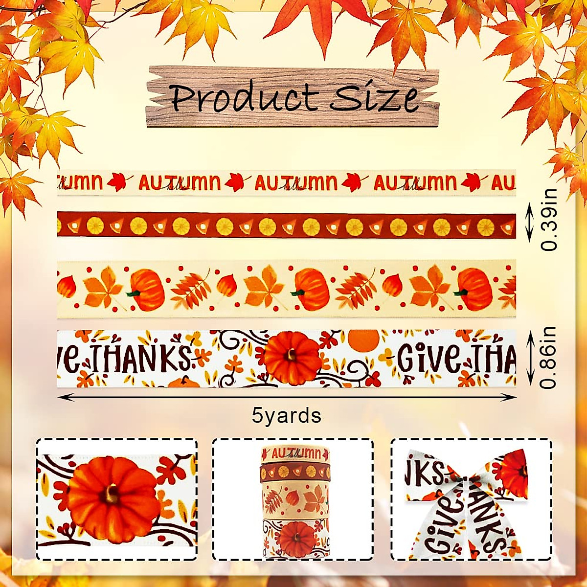 4 Rolls Fall Ribbons 3/8" Grosgrain Satin Pumpkin Maple Leaves Ribbons Orange Ribbons Autumn Give Thanks Words Thanksgiving Ribbon for Gift Wrapping Bows Fall Crafts Supplies 0.4/0.8inch, 20Yards