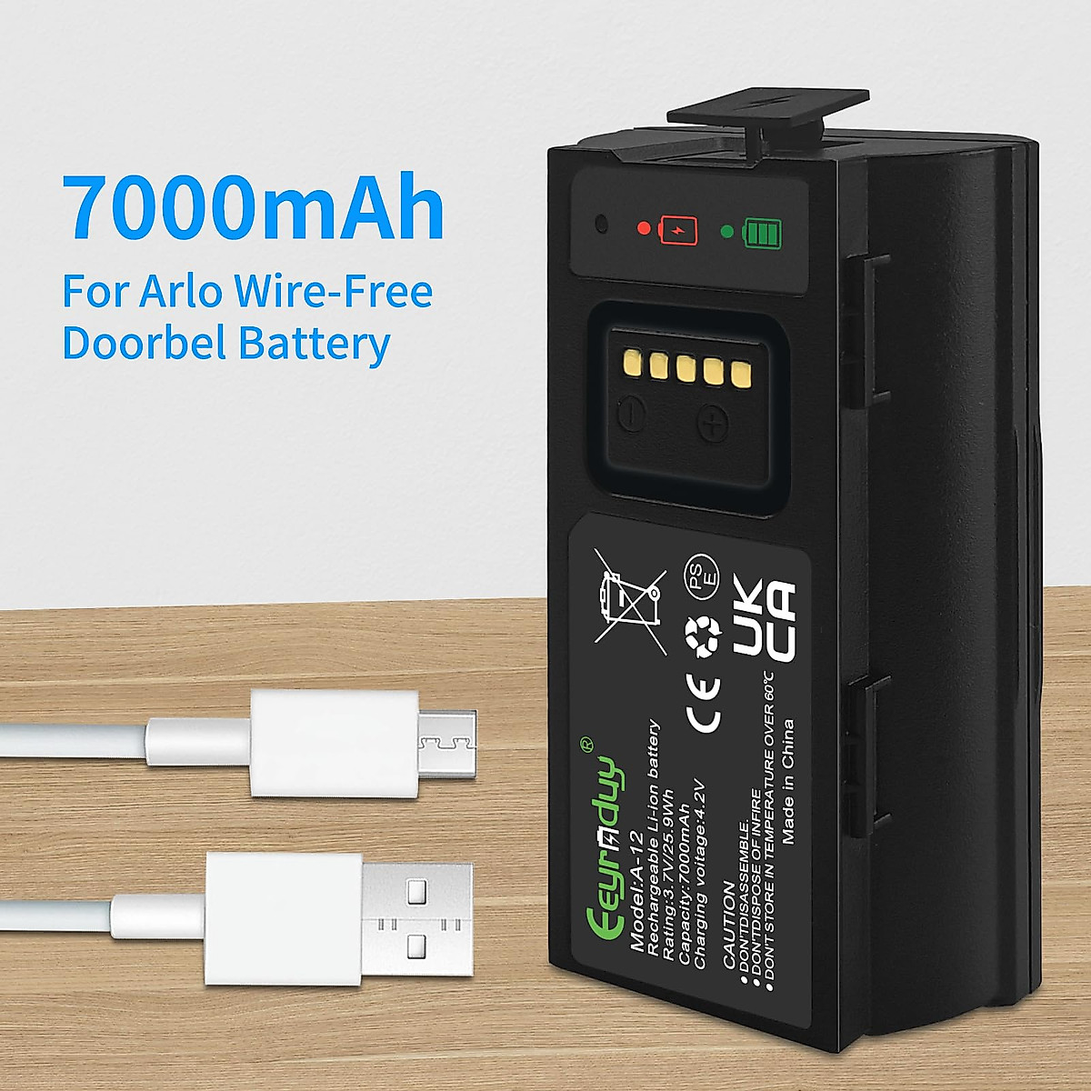 Eeyrnduy A12 Replacement Arlo Essential Wire-Free Video Doorbell VMA2400 Battery Compatible with Arlo Doorbell AVD2001 AVD2001B Rechargeable Back-Up Battery 7000 mAh