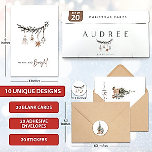 AUDREE Christmas Cards With Envelopes & Matching Stickers (20 Pack 4"x6") - Assortment Boxed Holiday Cards - Thoughtful Gift Idea for Friends and Family - Perfect for Happy Holidays Cards, Xmas Cards (Boho Christmas Cards)