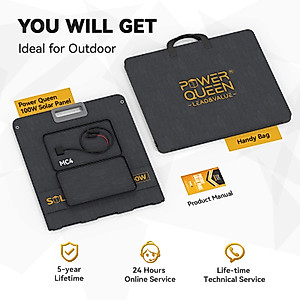 Power Queen 100W Portable Solar Panel for Power Station Generator, IP67 Foldable Solar Panel with MC4, Solar Charger with Adjustable Kickstands