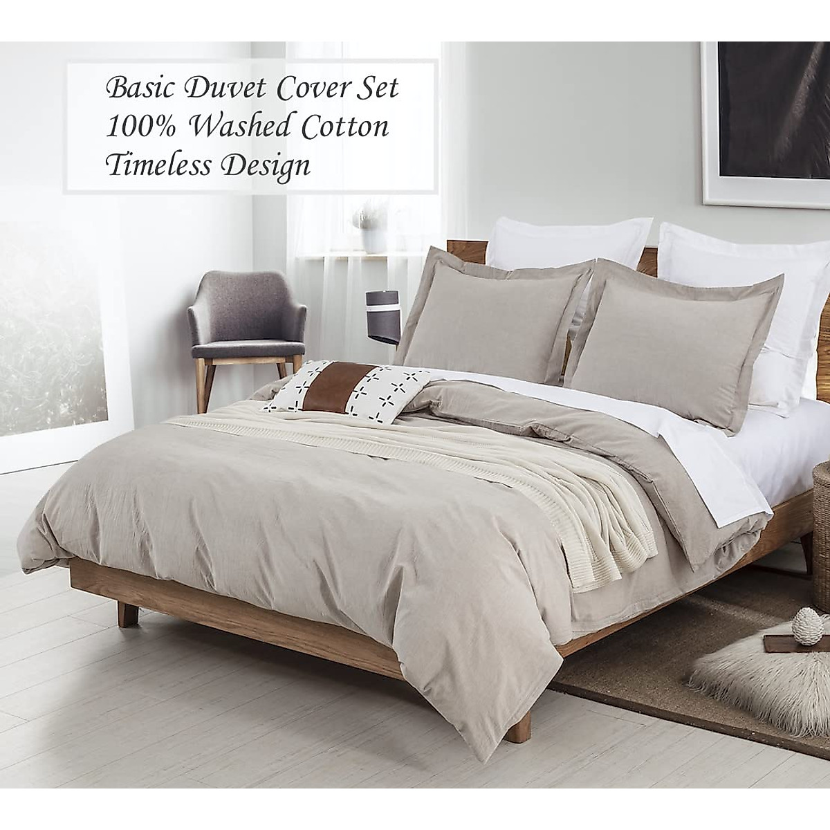 DAUAOTO Full Size Duvet Cover Set 82"X86", Washed Cotton Grayish Beige Neutral Bedding, Long Zipper Closure