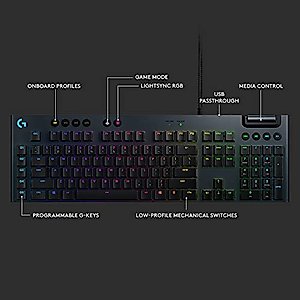 Logitech G815 LIGHTSYNC RGB Mechanical Gaming Keyboard with Low Profile GL Tactile key switch, 5 programmable G-keys, USB Passthrough, dedicated media control - Tactile