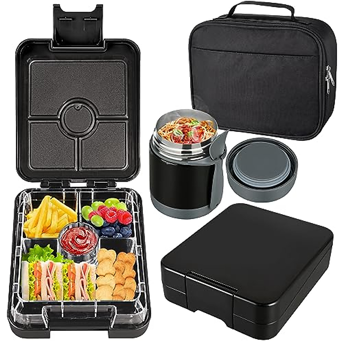 Bento Lunch Box Set for Kids with 10oz Soup Thermo, Leak-Proof Lunch Containers with 4 Compartment, Kids Thermo Hot Food Jar and Insulated Lunch Bag for Kids to School,BPA-Free(Black)