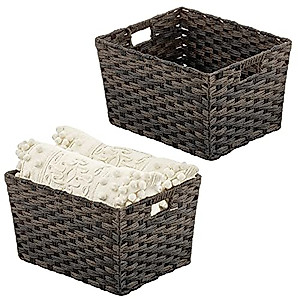 mDesign Wide Rectangular Woven Braided Rope Home Storage Baskets with Handles - for Organizing Closet, Bedroom, Bathroom, Living Room, Entryway, Office - 8.25" High, 2 Pack - Espresso Brown