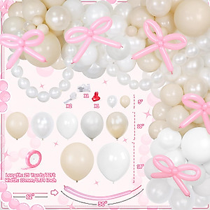 Pink Bow Balloon Arch Kit, 155Pcs Coquette Bows Pearls Balloon Garland Arch, Double Stuffed Pearl Sand White Balloons with Satin Ribbon for Coquette Birthday Decortions, Bridal Shower, Bow Party Decor