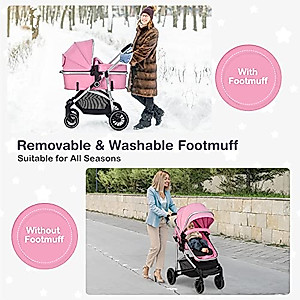 BABY JOY 2 in 1 Convertible Baby Stroller, High Landscape Baby Stroller w/Reversible Seat, Removable Footmuff, Adjustable Backrest & Canopy, Foldable Infant Pram Stroller for 0-36 Months Babies, Pink