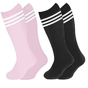 Gotneto Soccer Socks for Kids, Toddler, Cotton Knee High Three Stripes Tube Socks for Boys, Girls, Sports, Pink White & Black White One Size