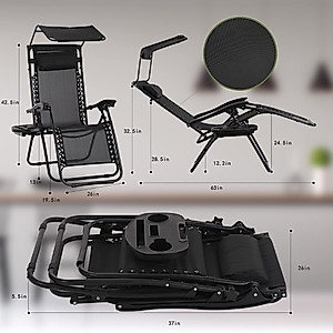 FDW 2 PCS Zero Gravity Chair Lounge Chairs Patio Chairs with Canopy Cup Holder for Outdoor Patio Seaside (Black)