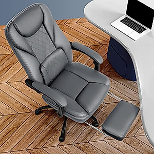 Guessky Executive Office Chair, Big and Tall Office Chair with Foot Rest Reclining Leather Chair High Back Home Office Desk Chairs with Lumbar Support Ergonomic Office Chair with Padded Armrests(Gray)