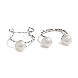 2pcs Shell Pearl Adjustable Wedding Statement Rings for Women Girls Silver Plated Expandable Twisted Layered Open Wrap Rings Comfort Fit Fashion Delicate Birthday Christmas Party Jewelry Gifts (Silver)