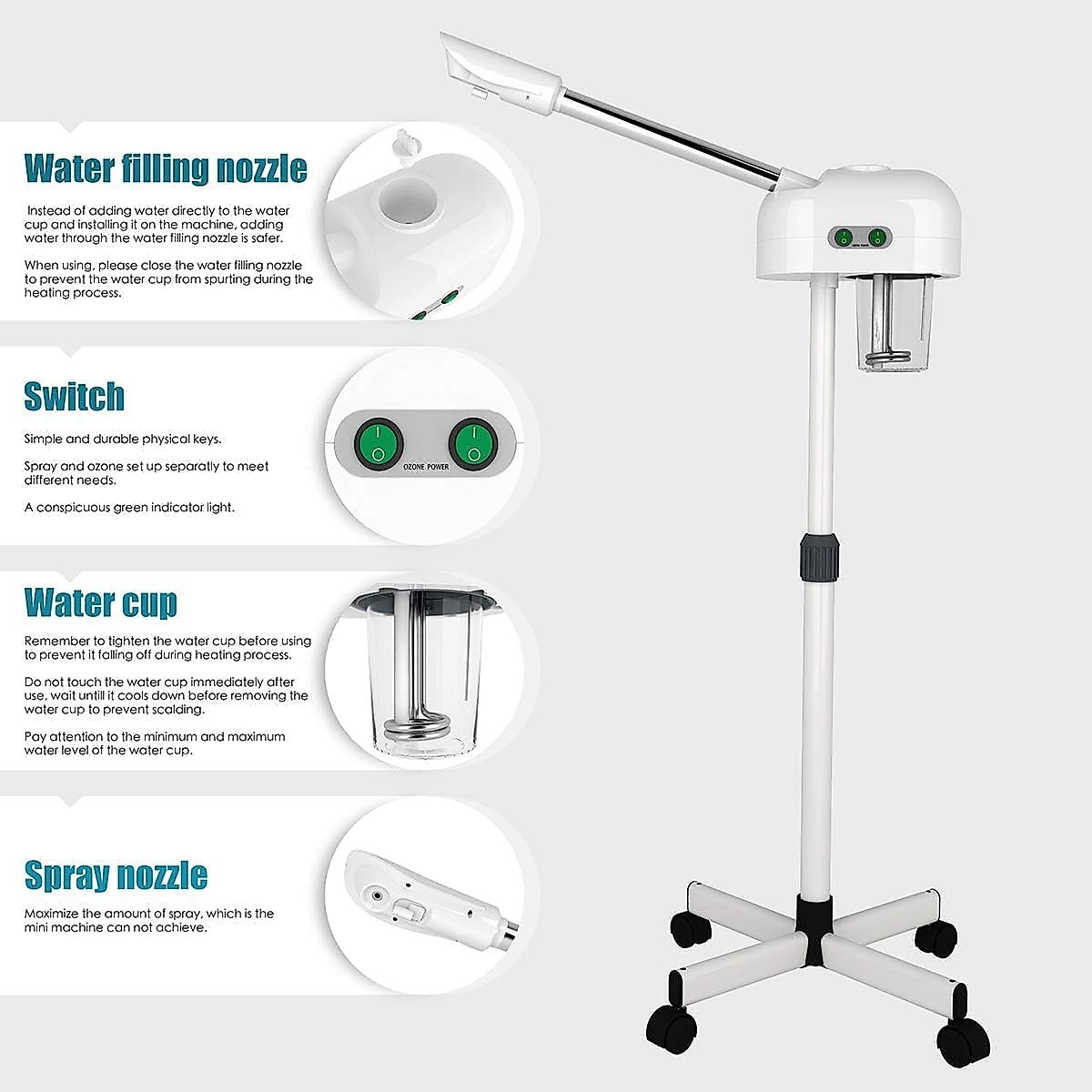 HiBeauty PRO Professional Facial Steamer, Hot Mist, Ozone Humidifier, Can Use at Home and Beauty Salon, Extract Blackheads, Rejuvenate and Hydrate Your Face Skin for Youthful Complexion (Button)