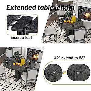 Prohon Round Extendable Table and 4 Upholstered Tufted Chairs with X-Shape Wood Legs, Retro Style 5 Piece Dining Set Farmhouse Furniture for Kitchen/Living Room/Apartments, Black
