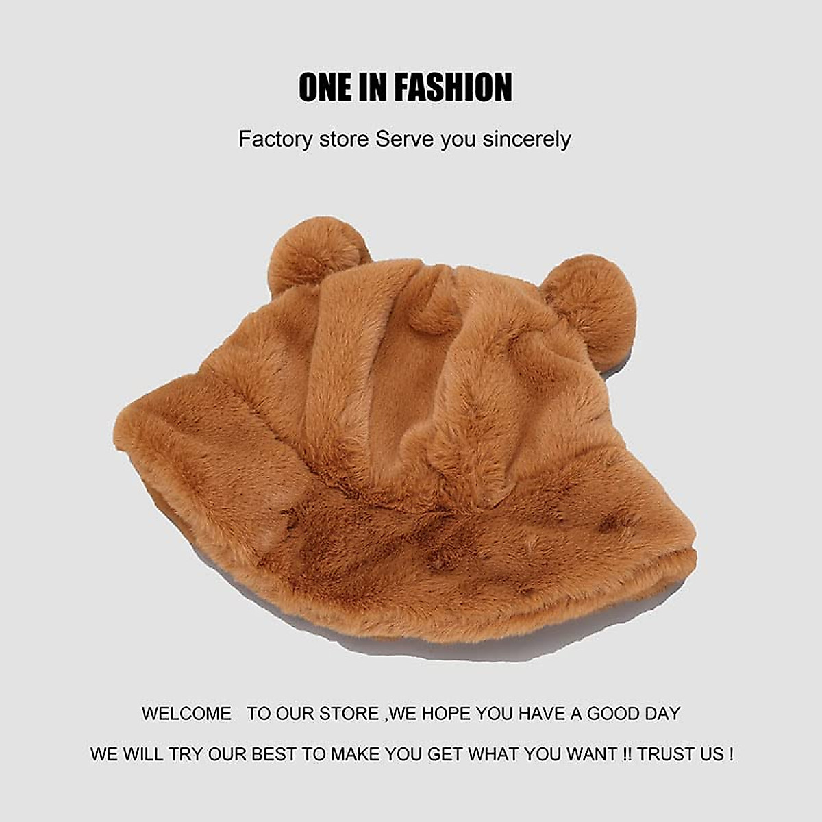 Kawaii Cute Bear Ear Fuzzy Bucket Hat for Women, Winter Warm Soft Fluffy Plush Faux Fur Fisherman Cap Foldable Aesthetic Hat (Brown)