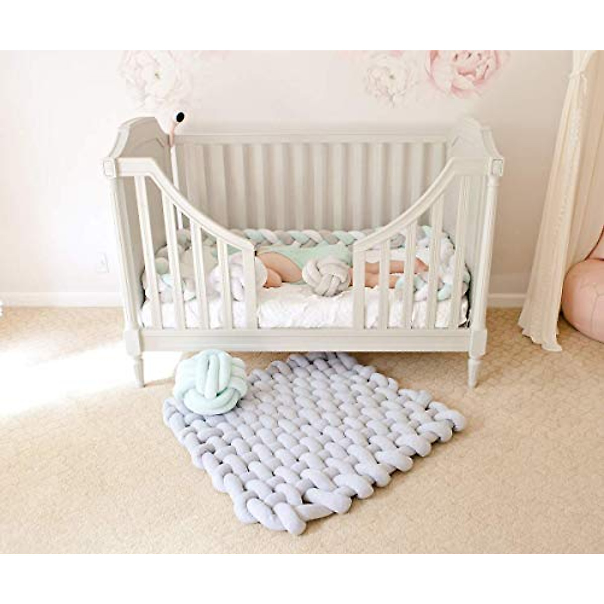 Wonder Space Knotted Braided Plush Mat, Baby Infant Newborn Sleeping Tummy Time Playing Nursery Rug Knot Floor Cushion, Handmade Pure Soft Fabric, Fashion Cute Toddler Children Room Decor, Grey