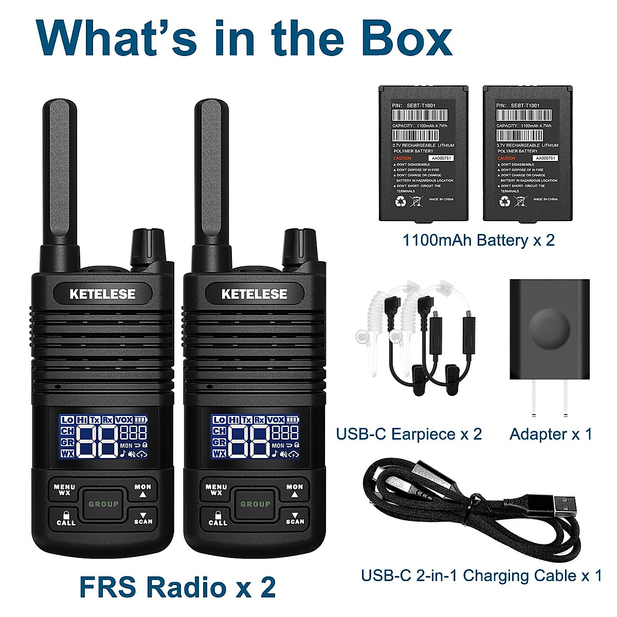 KETELESE T1 Rechargeable Walkie Talkies for Adults Long Range, 22 Channel 2 Way Radios, USB C FRS Walkie-Talkie with Earpiece, NOAA, VOX, Group Call for Hiking, Camping, Hunting (2 Pack), Black