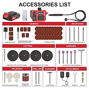 POPULO 20V Cordless Flex Shaft Rotary Tool, Variable Speed Power Rotary Tool Kit with 80 Accessories, 2.0Ah Battery and Charger, Tools used for High-Precision Cutting and Large Wood Carving