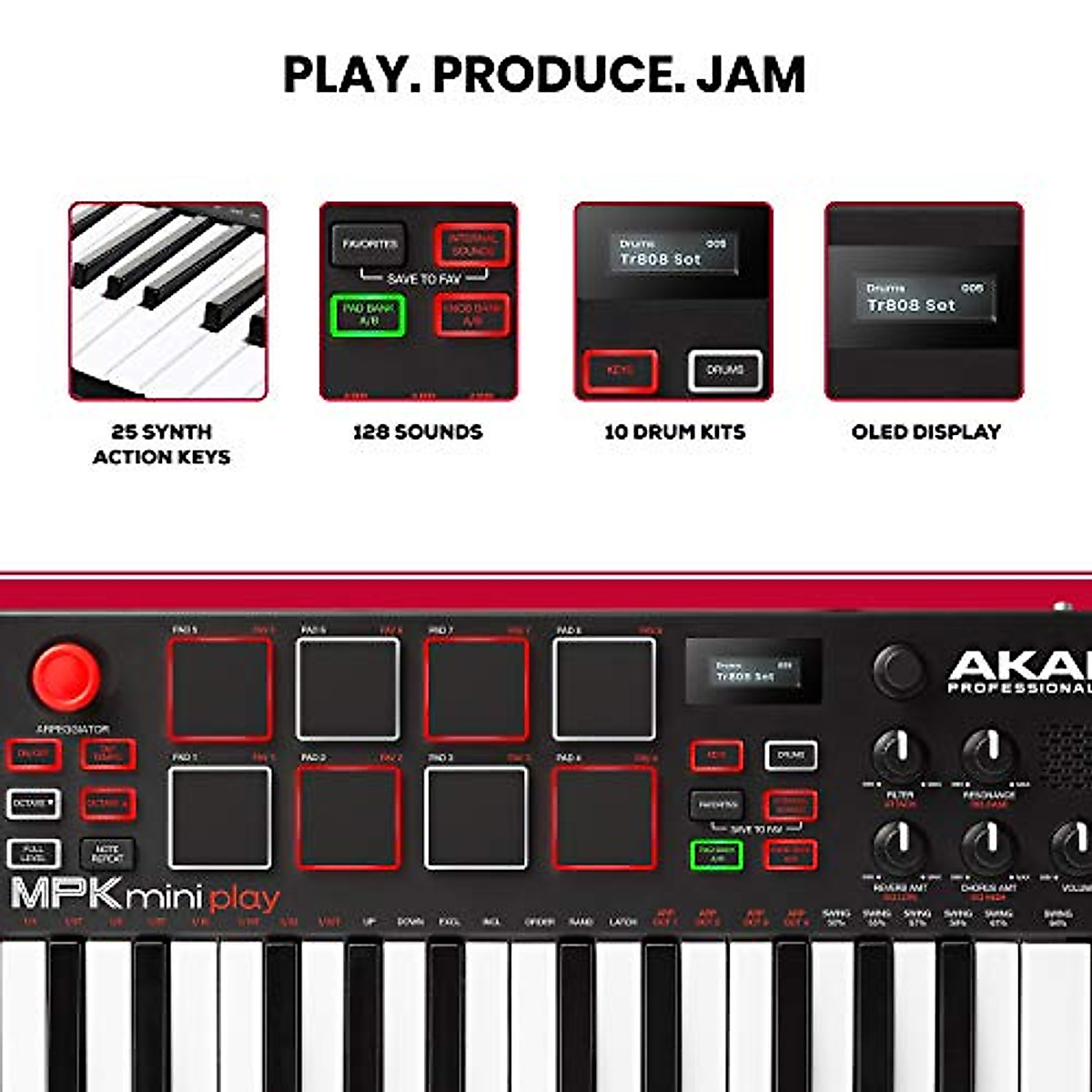 AKAI Professional MPK Mini Play – USB MIDI Keyboard Controller With a Built in Speaker, 25 mini Keys, Drum Pads and 128 Instrument Sounds