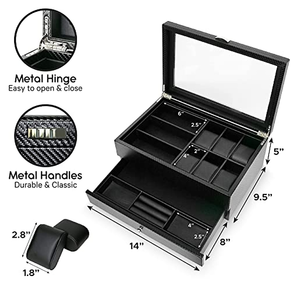 HAUTEROW Watch Box Organizer For Men Jewelry Box, Watch Case Sunglass Organizer Valet Tray Mens Jewelry Organizer Holds 6 Watches 3 Sunglasses