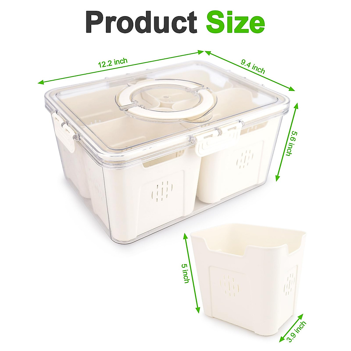 Airtight Fruit Storage Containers for Fridge: 4 Compartment Large Food Storage Container with Lids & Handle & Removable Drain Tray - Berry Fruit Vegetable Fresh Produce Saver for Travel Picnic