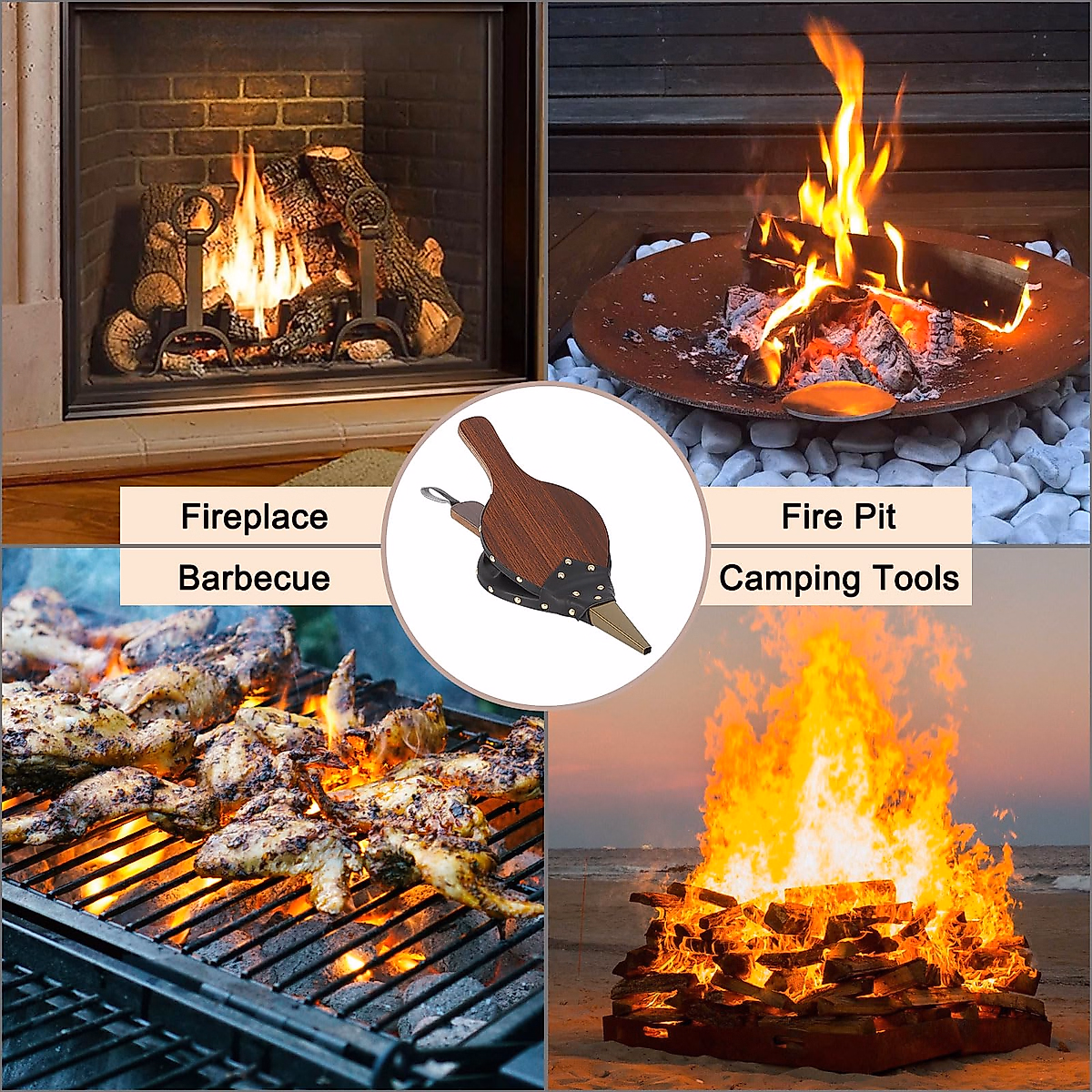 Gtongoko Fireplace Bellows Air Blower Cast Nozzle 14.8" x 5.6" for Outdoor Camping BBQ Grill Chimney Hand Bellow Pump Pit Barbeque Fire Tools Accessories with Hanging Strap, Brown