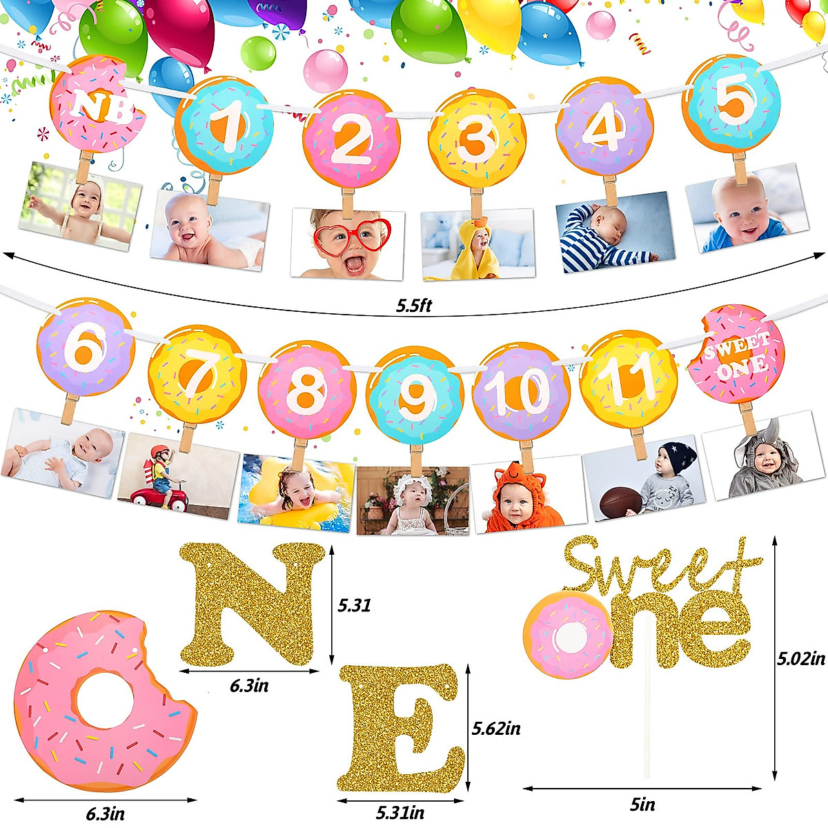 Donut 1st Birthday Party Decorations Donut Photo Banner Sweet One High Chair Banner and Cake Topper Monthly Milestone Photo Props for Donut First Birthday Decoration Supplies