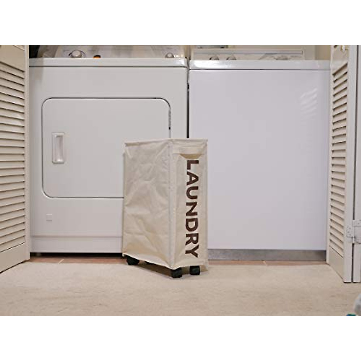 Topline Collapsible Laundry Hamper with Lockable Wheels, Slim Rolling Clothing Basket with Mesh Drawstring Closure - Beige