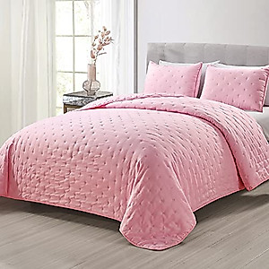 Mocaletto Reversible Quilts Set Queen Size, 3 Piece Pink Quilt with Pillow Shams, Point Pattern Microfiber Bedspread, Lightweight Soft All Season Coverlet for Bedroom,Hotel &Gift