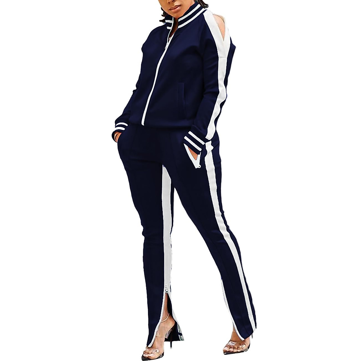 TOPONSKY Matching Lounge Set Warm Up Suits For Women 2 Pieces Sweaters Navy White M