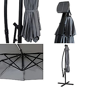 Sunnydaze 10-Foot Cantilever Umbrella with Solar LED Lights - Polyester Shade/Steel Pole - Air Vent and Cross Base - Smoke