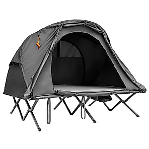 Tangkula 2-Person Tent Cot, 4-in-1 Folding Tent with Waterproof Rainfly, Self-Inflating Mattress & Roller Carrying Bag, Portable Off Ground Elevated Tent with Shoe Storage Pocket & Lamp Hook (Grey)