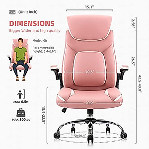 YAMASORO Ergonomic Home Executive Office Chair with Flip-up Armrests and Lumbar Support, High Back Desk Chair Computer Gaming 360 Swivel Adjustable PU Leather for Adults and Teens, Pink