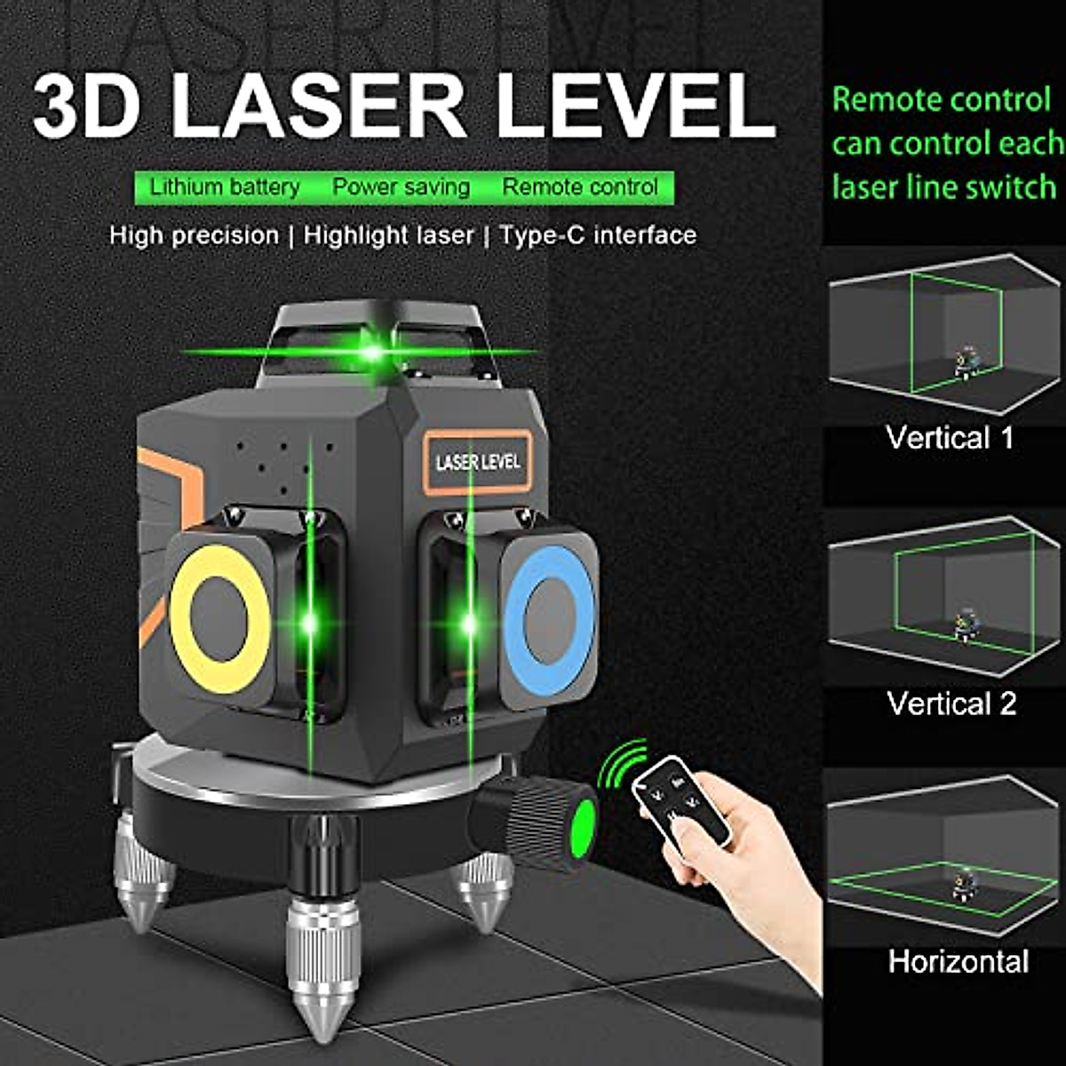 Greheywos Laser Level 12 Lines Self Leveling 3x360° 3D Green Cross Line for Construction and Picture Hanging, With Rechargeable battery, Remote Controller, Magnetic Rotating Stand, Mini Tripod Base