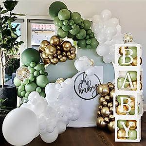 Baby Shower Decorations for Boy Girl - 183pcs Sage Green Balloon Arch Kit and Baby Boxes with Letters for Baby Shower Birthday Jungle Safari Dinosaur Party Supplies