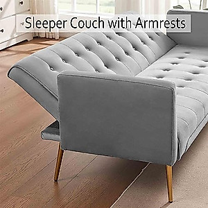 RIDFY 70” Modern Velvet Futon Sofa Bed, Convertible Sleeper Couch with Metal Legs/Armrests, Folding Upholstered Loveseat, Memory Foam Living Seat, Recliner Sofa for Home/Office (Grey)