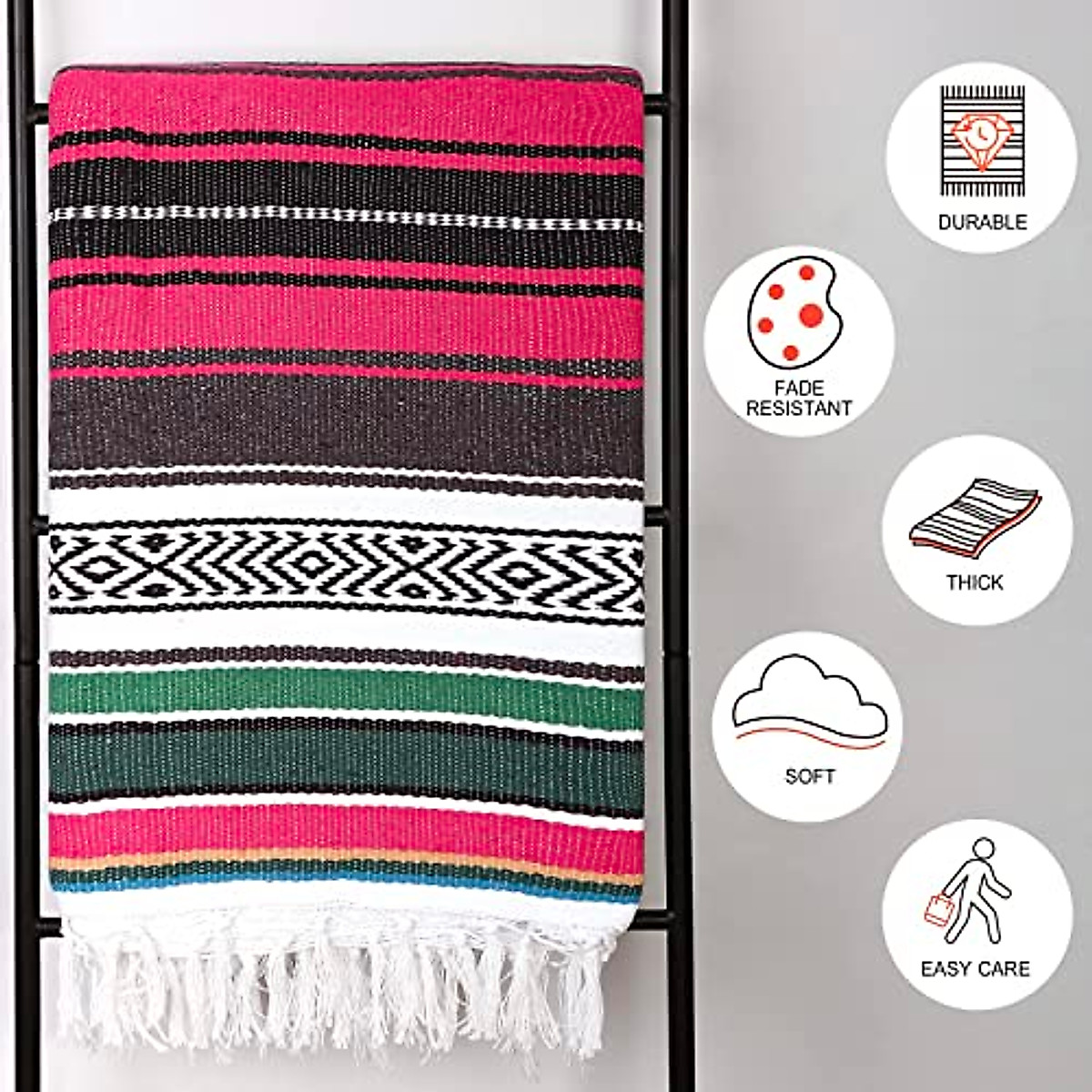 ThermaSnug Mexican Blanket - Handwoven Serape Blanket Perfect as Yoga Blanket, Bed Blanket, Hiking Blanket, Party Decoration Table Runner.