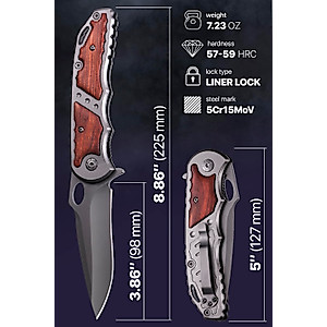 Grand Way Spring Assisted Knife - 5Cr15MoV Sharp Folding Blade - Pocket Knife with Wood Handle - Best Durable Tool for EDC Camping Survival Work - Mens Gifts Idea for Dad Husband Boyfriend 97010