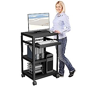 tonchean AV Presentation Cart with Keyboard Tray, Heavy Duty Mobile Workstation Presentation Cart for Video Projector, Laptop Computer, Media Cart for School Classroom Office（Black）