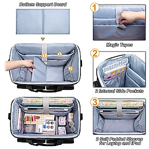 CURMIO Rolling Scrapbook Tote on Wheels, Scrapbook Storage Bag with Detachable Trolley and Bottom Wooden Board, Rolling Craft Bag for Scrapbooking Supplies, Black